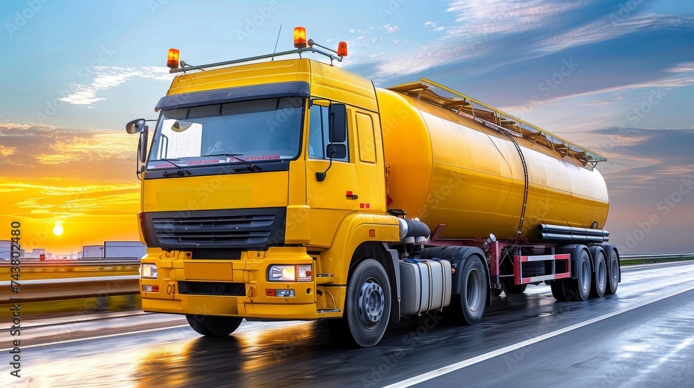 Sunset on countryside road with fuel tanker truck in motion, rural ...