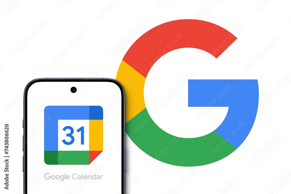 Google Calendar Logo shown on a modern smartphone, big Google logo in ...