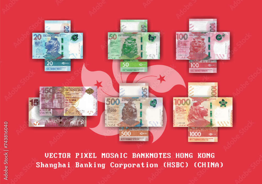 Vector set of pixel mosaic banknotes of Hong Kong and Shanghai Banking ...