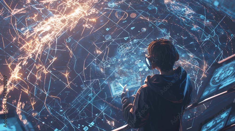 Technology and science of big data. Data scientists query, analyze and visualize complex data ...