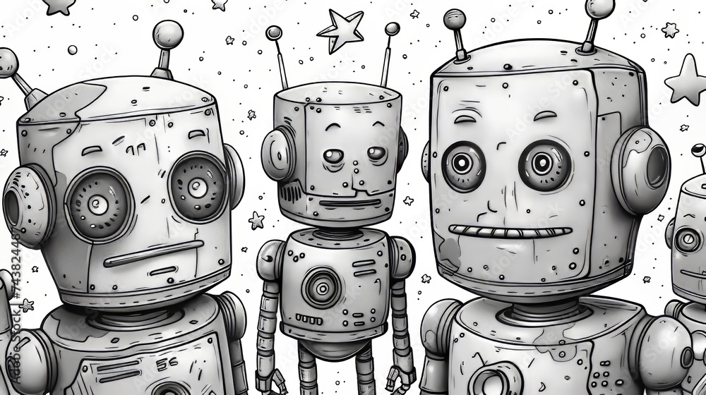 Animated hand drawn robots seamless pattern. School board background ...