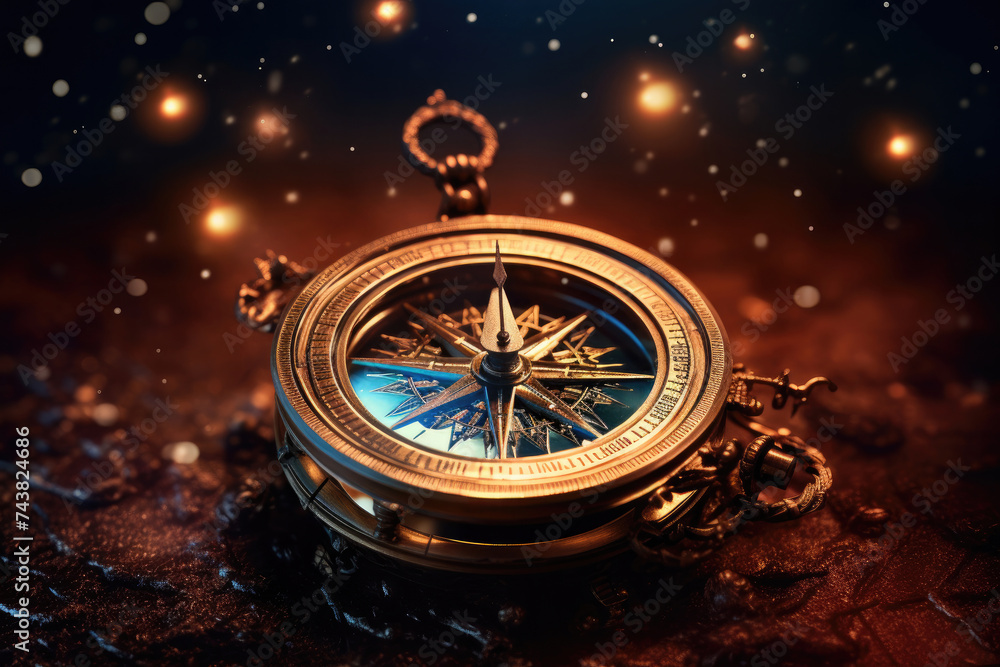 Gold vintage compass on a red background with sparks. Classic old ...