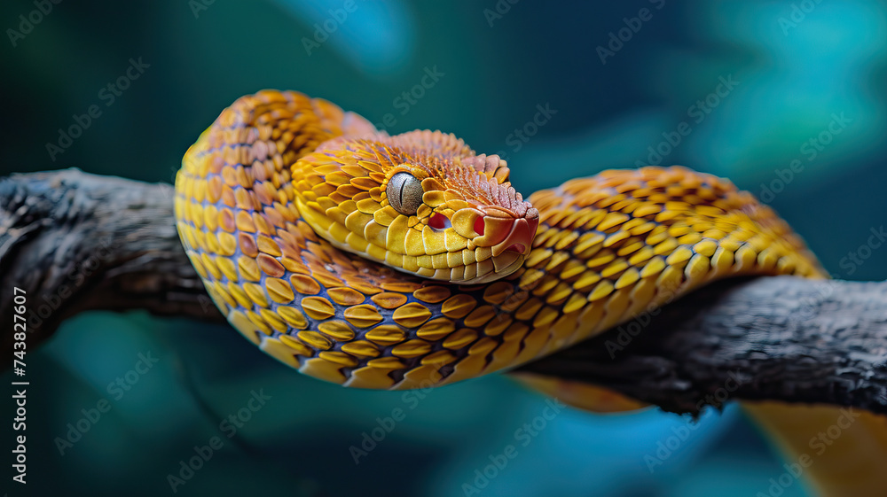 Portrait of a brown pit viper (Tropidolaemus subannulatus) coiled on a ...