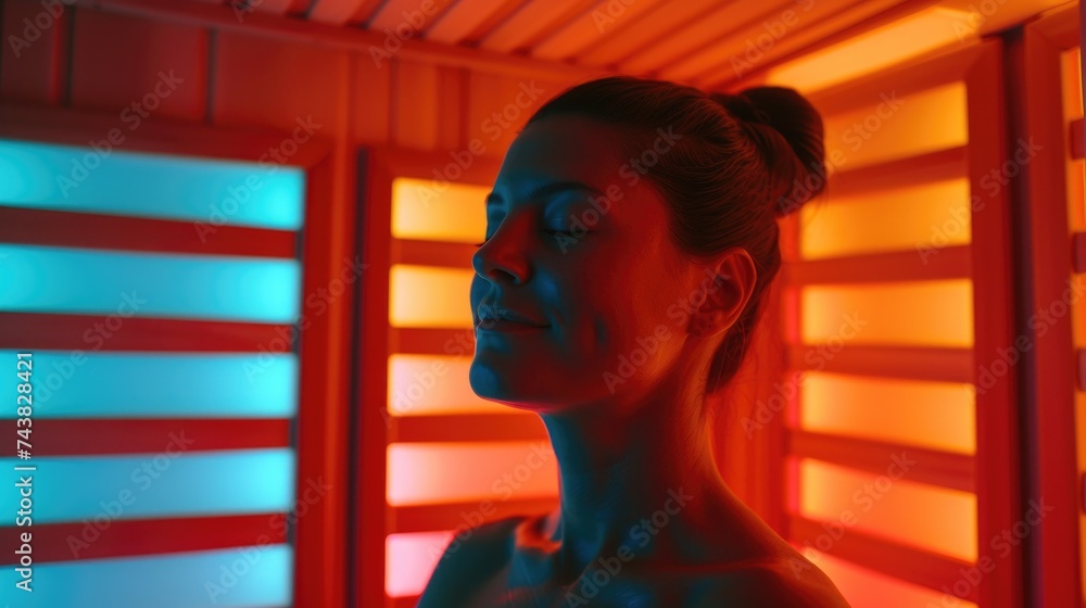Beautiful woman steamed in a infrared sauna. SPA resort treatment ...