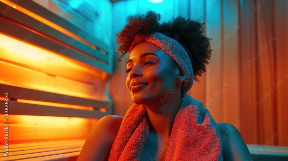 Beautiful woman steamed in a infrared sauna. SPA resort treatment ...