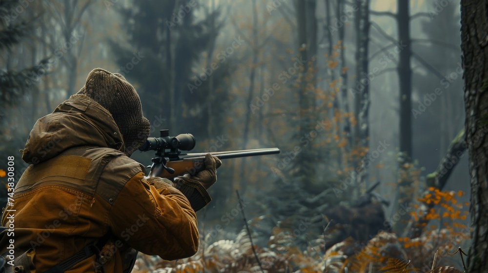 Hunter during hunting in forest. Hunter holding a rifle and aiming at ...