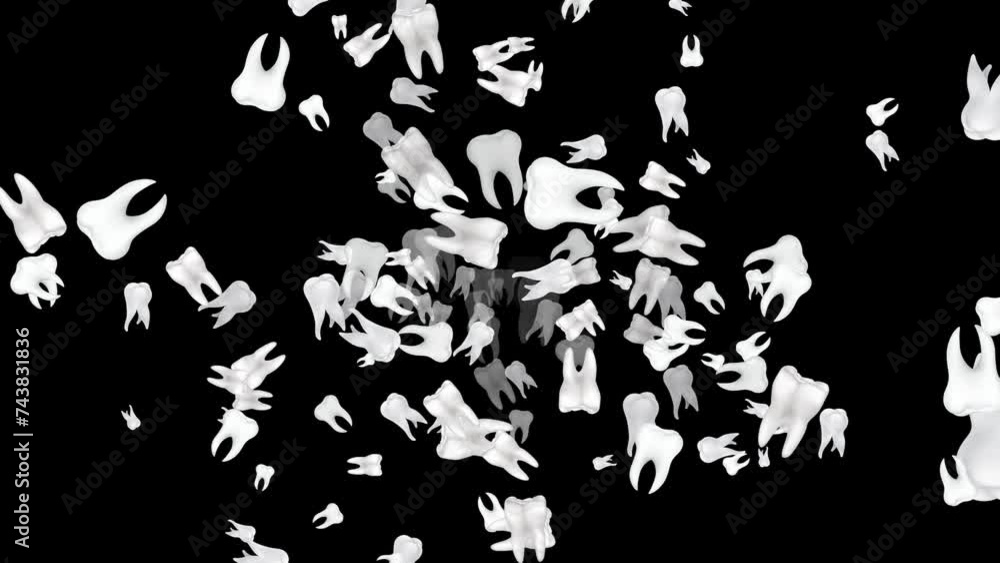 Explosion of floating white teeth. Animated human teeth isolated on a ...