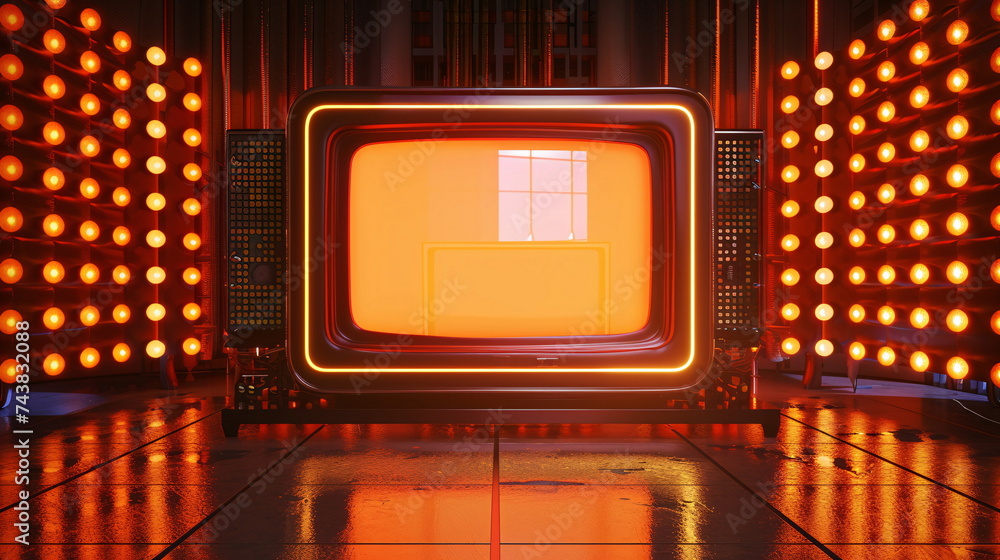 Modern TV Set Game Show Background with Neon Lights and Futuristic ...