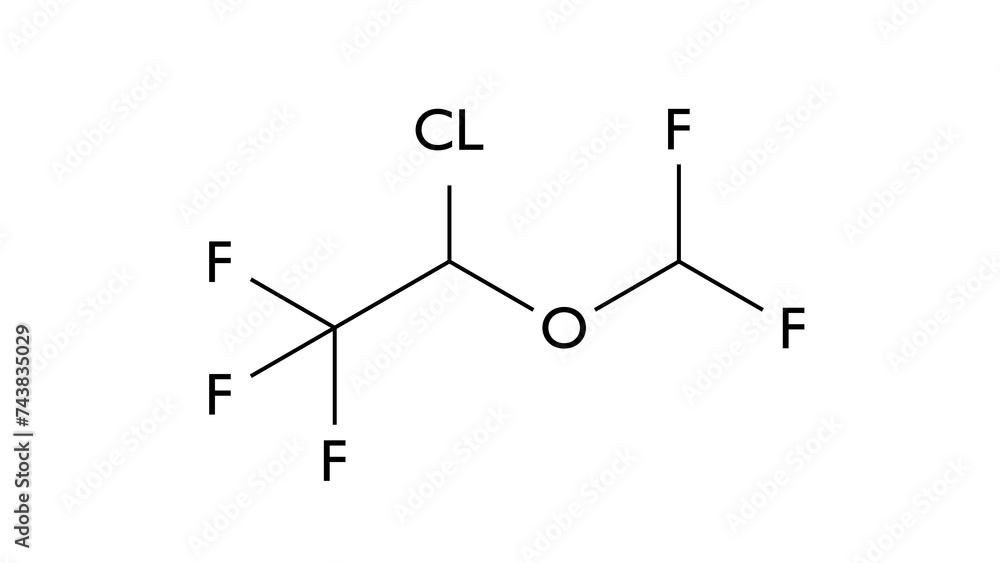 isoflurane molecule, structural chemical formula, ball-and-stick model ...