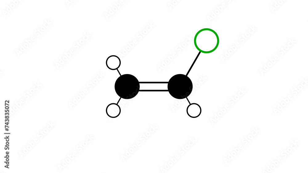 vinyl chloride molecule, structural chemical formula, ball-and-stick ...