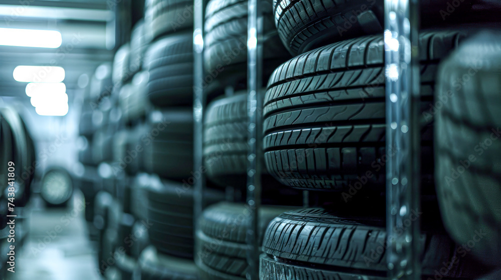 Rows of new car tires on display at an automotive store, showcasing ...
