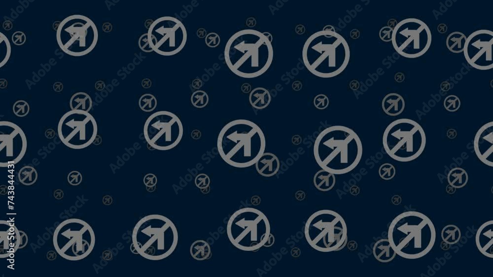 No left turn signs float horizontally from left to right. Parallax fly effect. Floating symbols ...