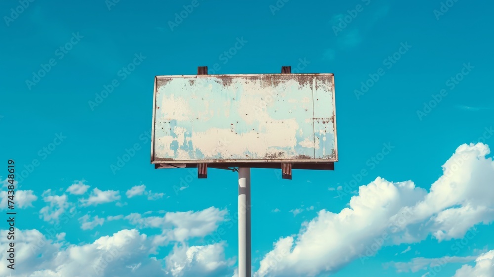 weathered wooden billboard with faded lettering and peeling paint ...