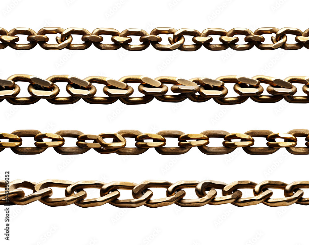 A set of various varieties of gold chains, metal chain links arranged ...