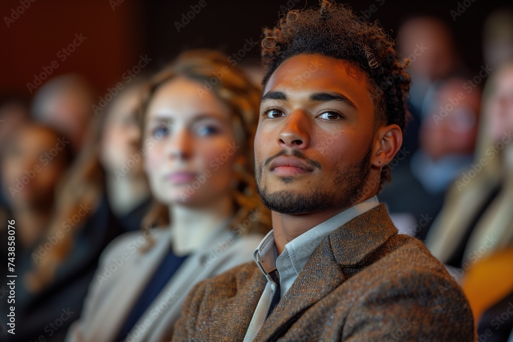 A man dressed in a sharp suit stands stoically in a dimly lit room, his ...