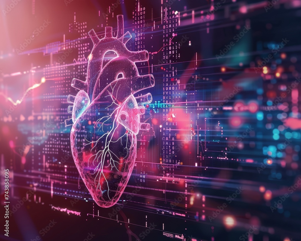 Heartbeat waveform with AI code background a close view of modern heart ...