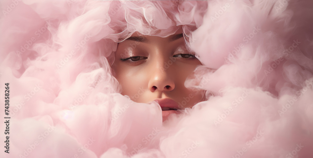 Glamorous female model with airy pink clouds around her face. Cosmetics ...