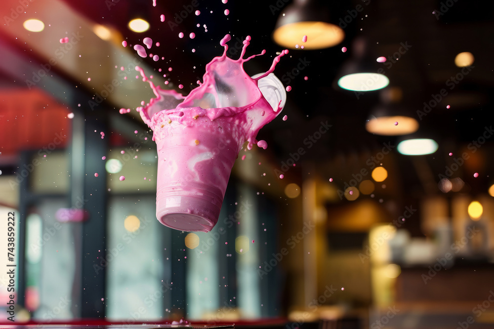 pink milkshake hurtling through the air in a cafe, liquid spilling ...