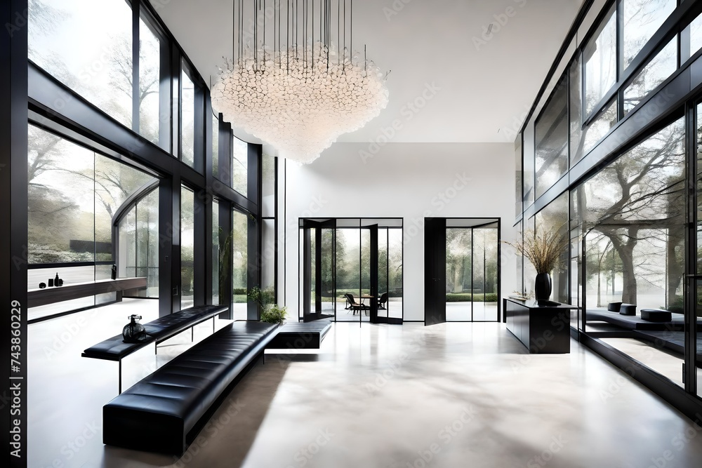 A modern, minimalist vestibule with a high ceiling, an elegant ...