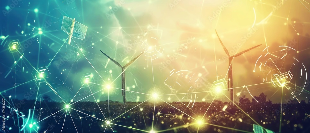 Wind turbines and solar panels form green energy symbols with network ...