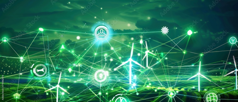 Wind turbines and solar panels form green energy symbols with network ...