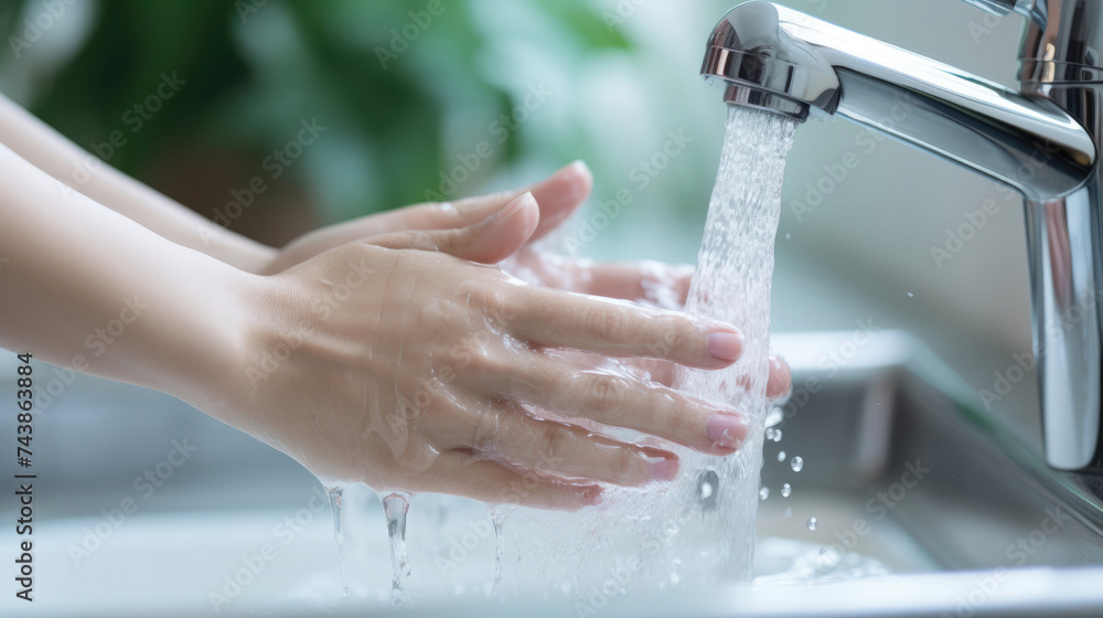 Woman's hands using soap and washing both hands under water tap for ...