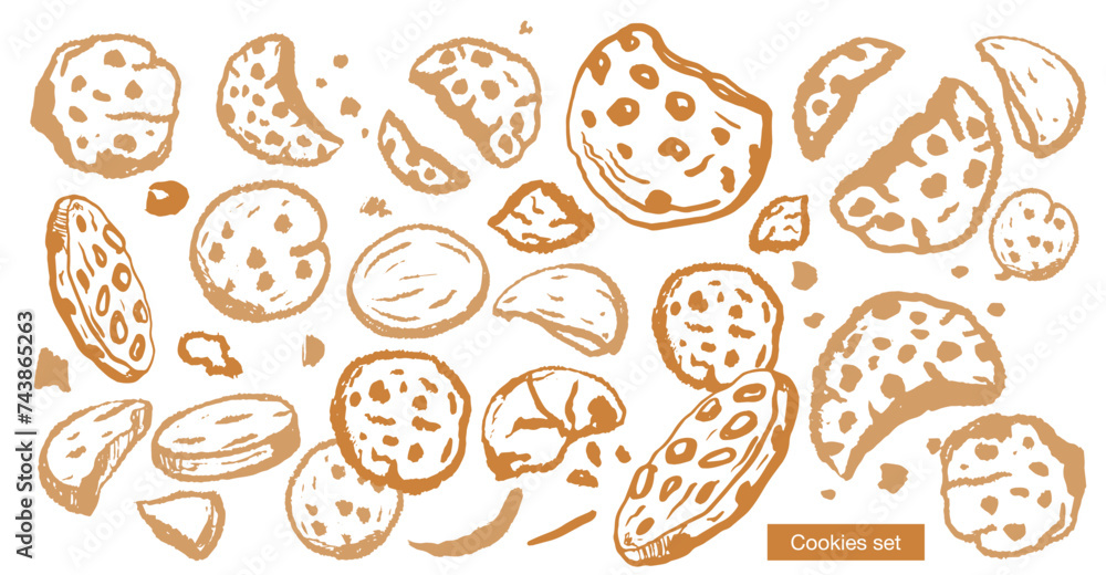 Isoplated vector set of bakery. Pasrty. Hand drawn and chalked cookies ...