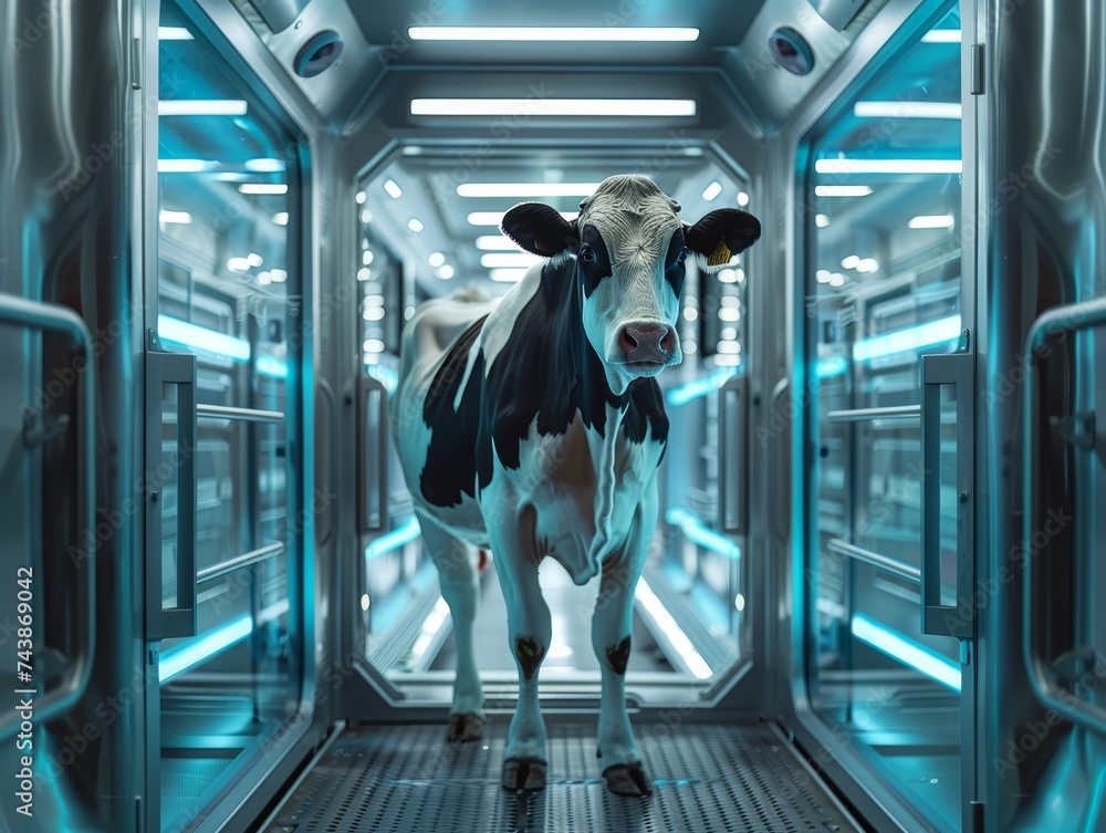 Cybernetic cow in a high tech farm pod showcasing the future of ...