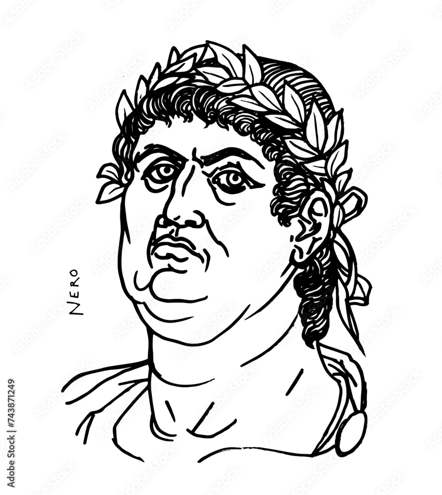Ilustración lineal de busto de estatua romana. Retrato de Nerón Claudio ...