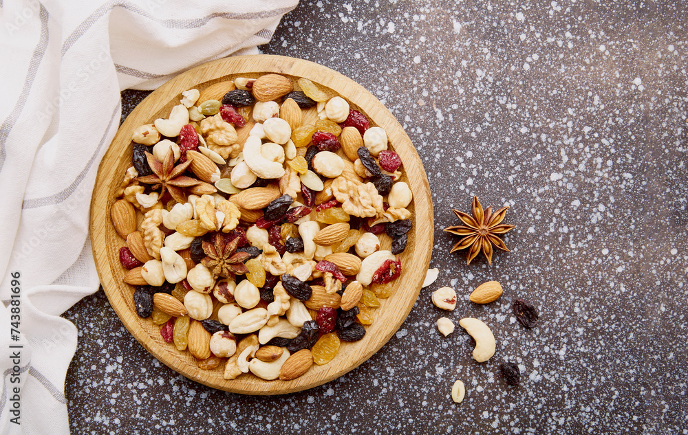 Aesthetic wooden bowl with mixed nuts from above. Healthy food and ...