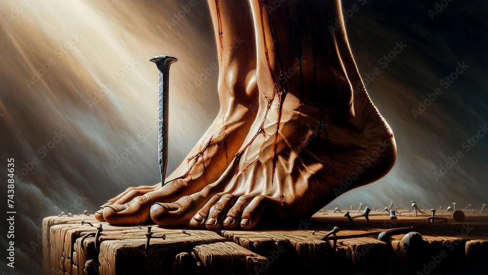 The Agony at Golgotha: Close-up of Crucifixion Nail in the Foot of ...