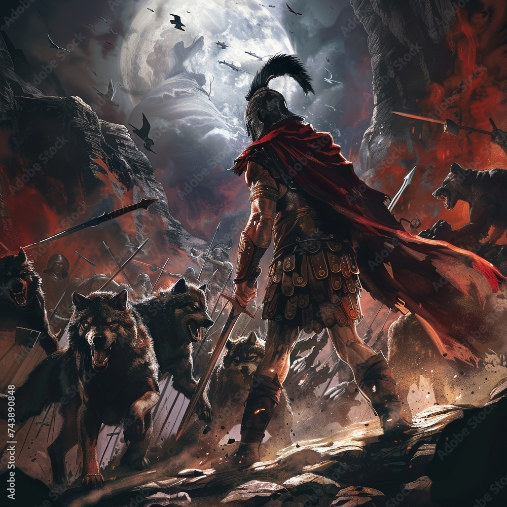 Ares leading a group of fearless warriors against a pack of ferocious werewolves Stock ...