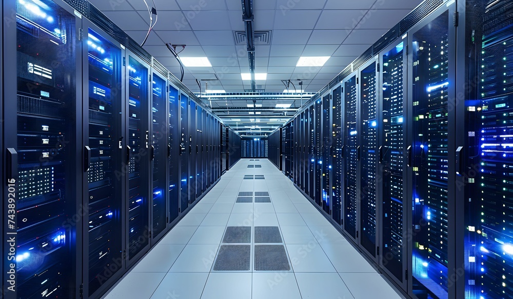 Imposing View of a Massive Data Center Server Room with Rows of High ...