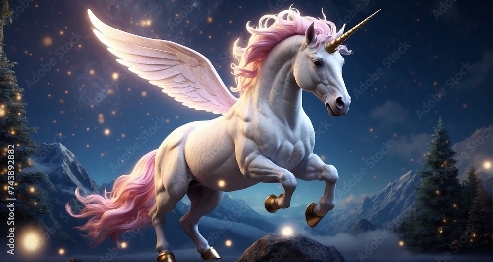 Create an animated scene of a unicorn soaring through a starlit sky ...