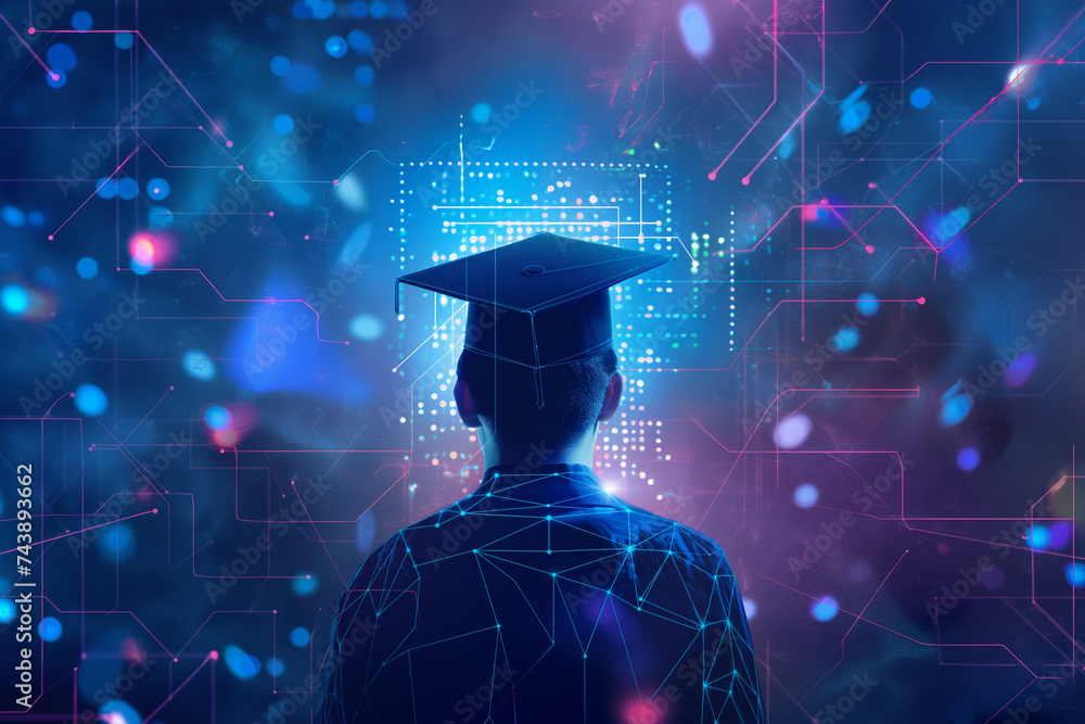 student ginger back view Digital future education concept in futuristic ...