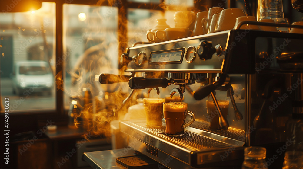 Espresso machines hiss in the early morning hustle, Steam rises from a ...