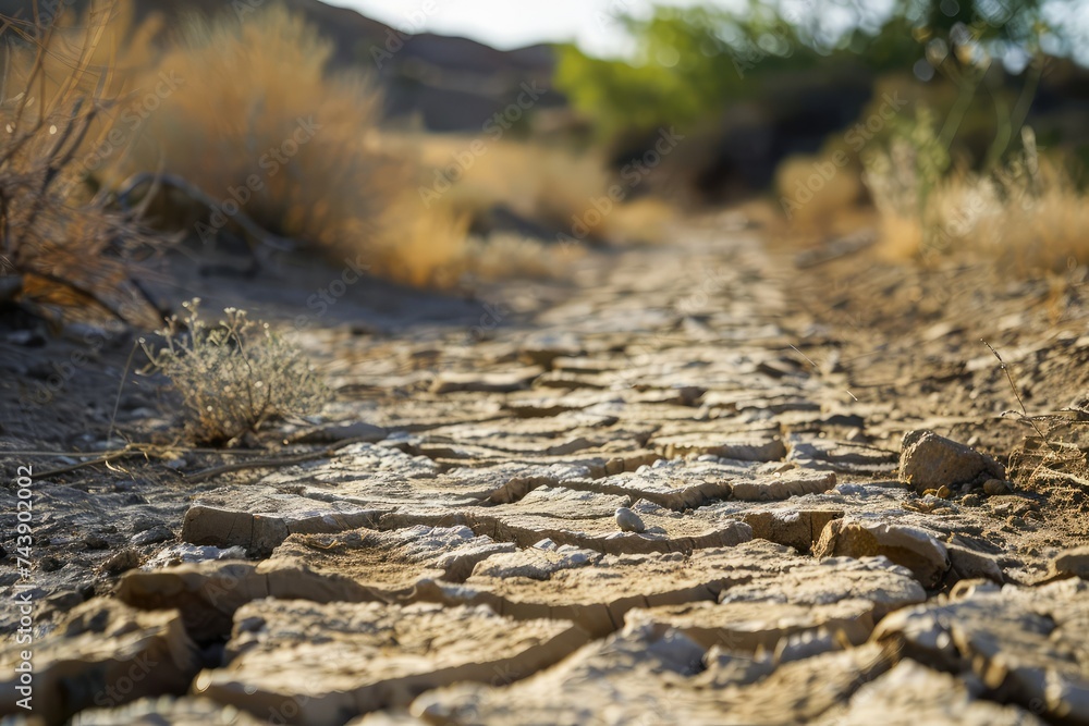 Dry cracked earth in arid desert landscape with earthy tones ...