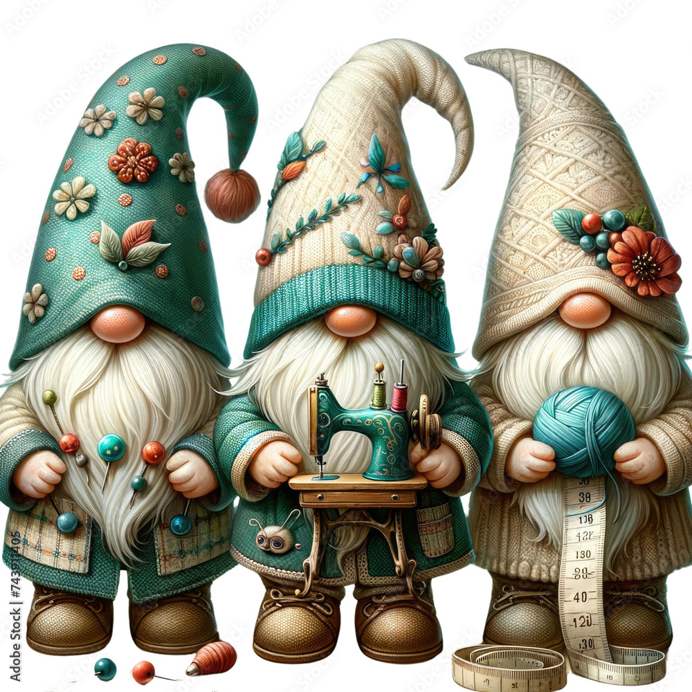 Three cute gnomes stand in a row holding a sewing machine. and sewing ...
