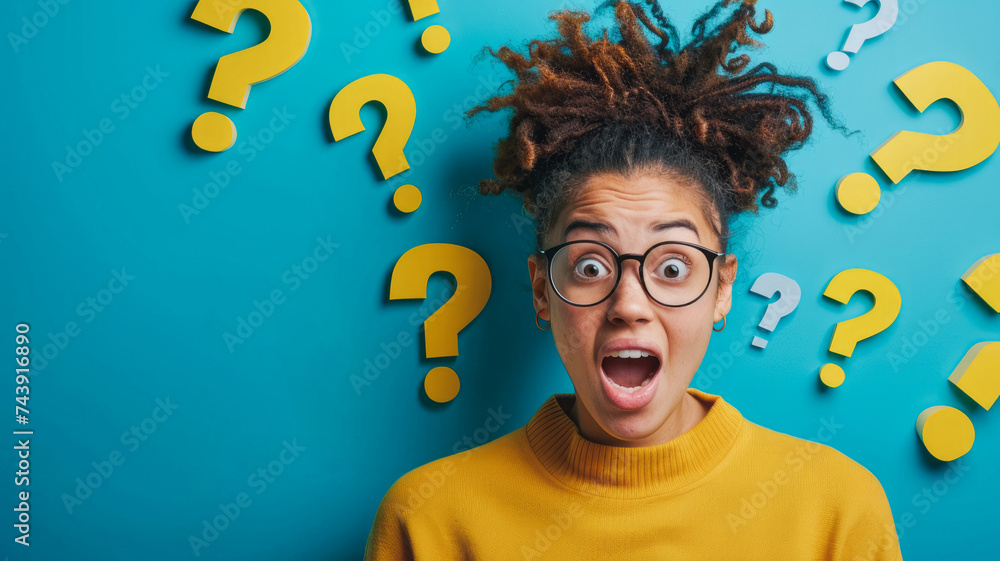 Young girl surrounded by question marks, exploring curiosity and ...