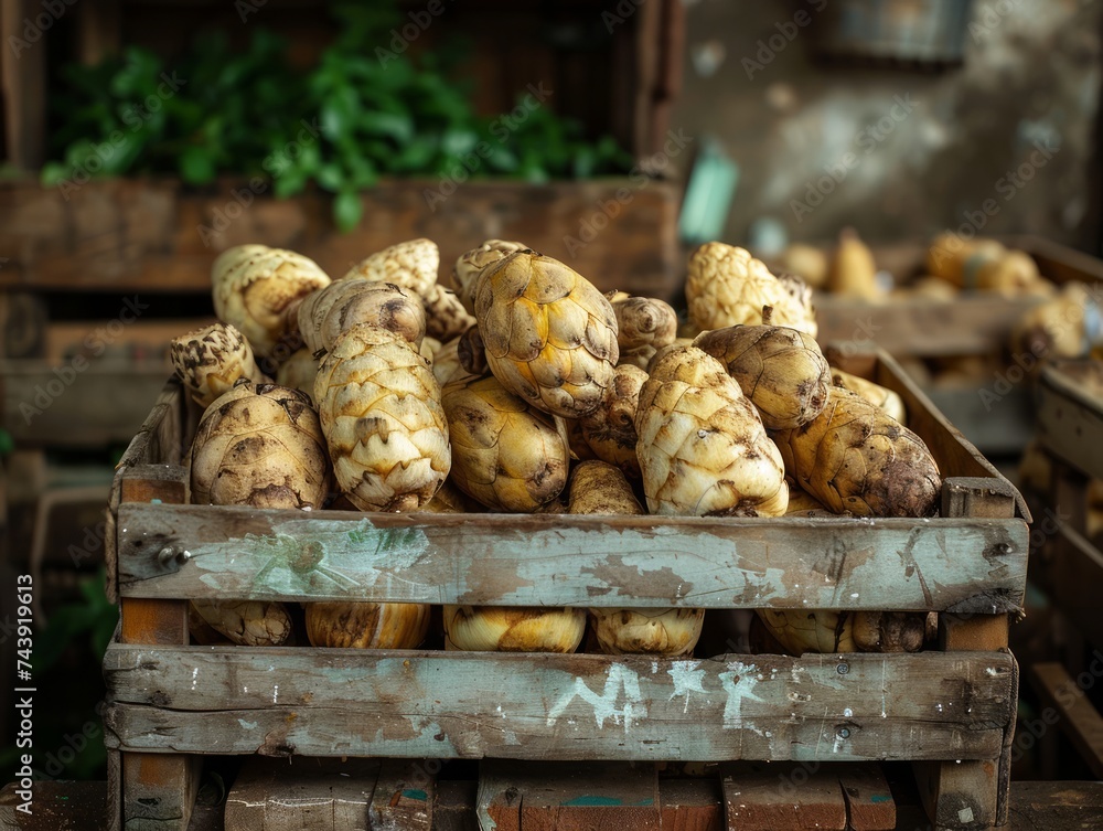 Fresh Organic Root Vegetables in Wooden Crate at Rustic Farmers Market ...