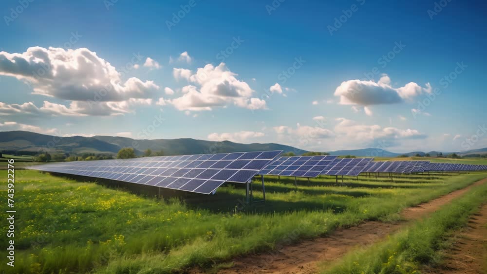 Vidéo Stock Solar energy farm with rows of photovoltaic panels against ...