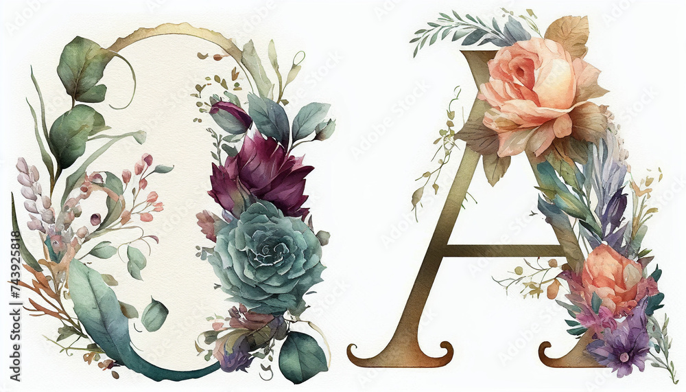 Alphabet, floral A letters with watercolor painting flowers roses and ...