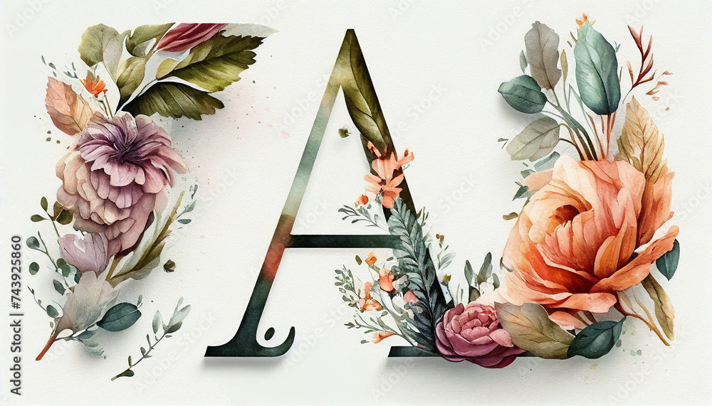 Alphabet, floral A letters with watercolor painting flowers roses and ...
