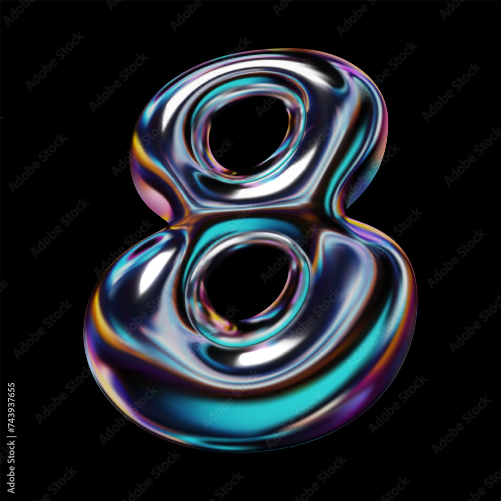 3D glossy holographic number 8 in retro futuristic Y2K style font ...
