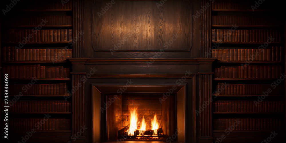 Dark wood library with fireplace and bookshelves full of old books ...