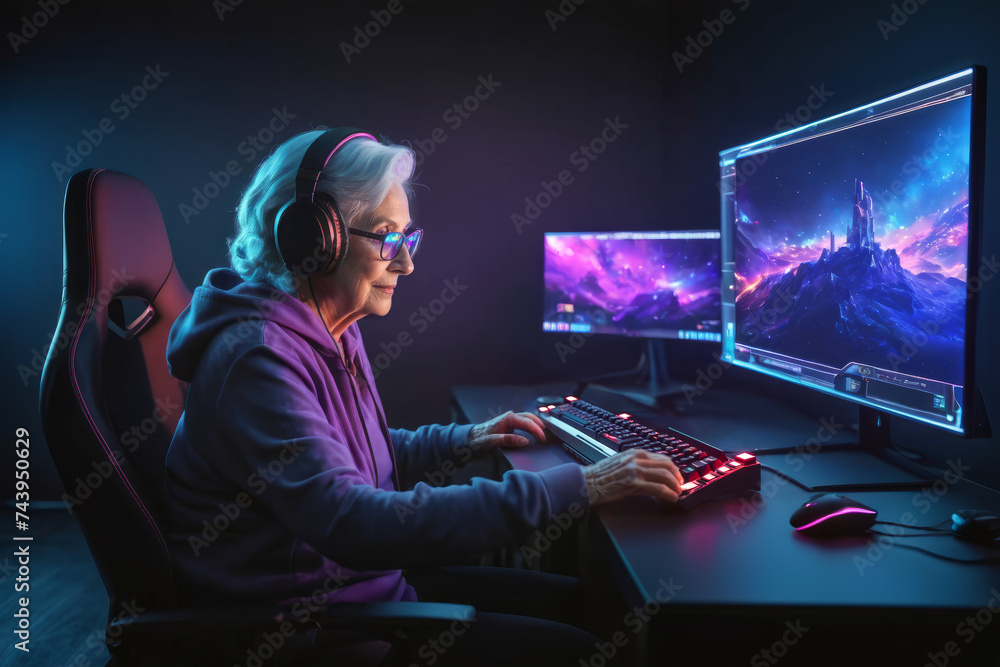 Joyful senior caucasian gamer woman with headphones and eyeglasses ...