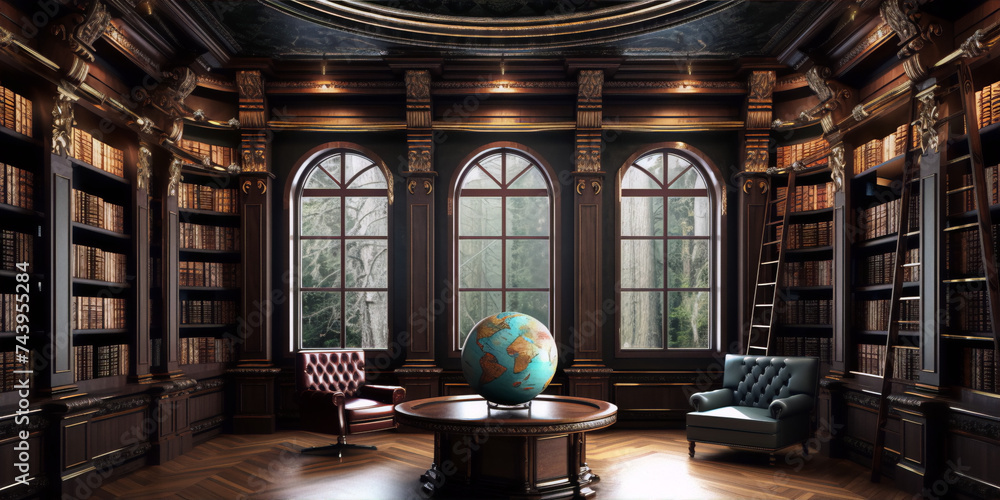 3D rendering of a library interior with a globe, bookshelves, and ...