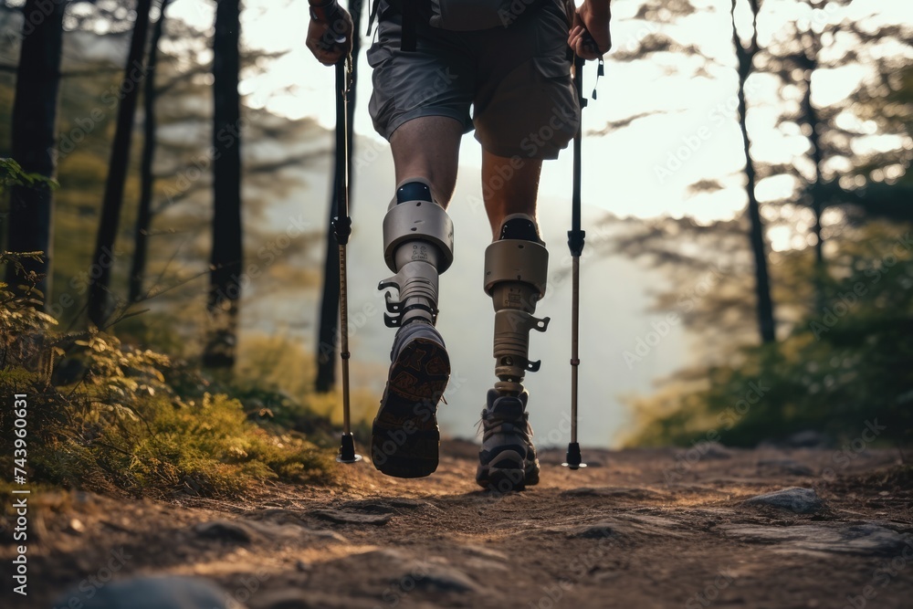 man with a prosthetic leg hiking walking through tail nature route ...