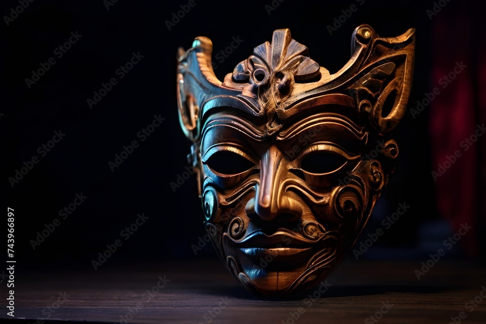 Vintage old wooden mask with theatre lights isolated on black ...