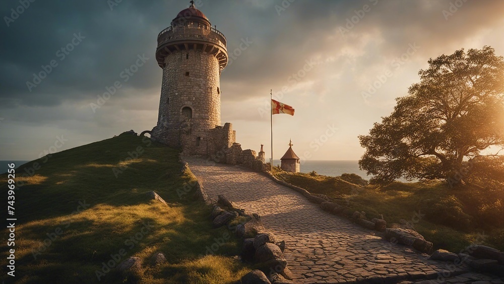 the tower of the castle A fantasy lighthouse in a medieval castle, with ...